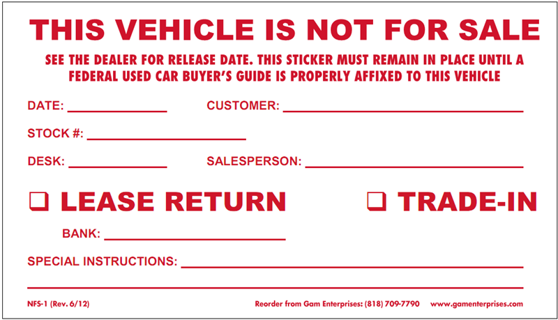 Not For Sale Stickers | Gam Enterprises | Automotive Supplies
