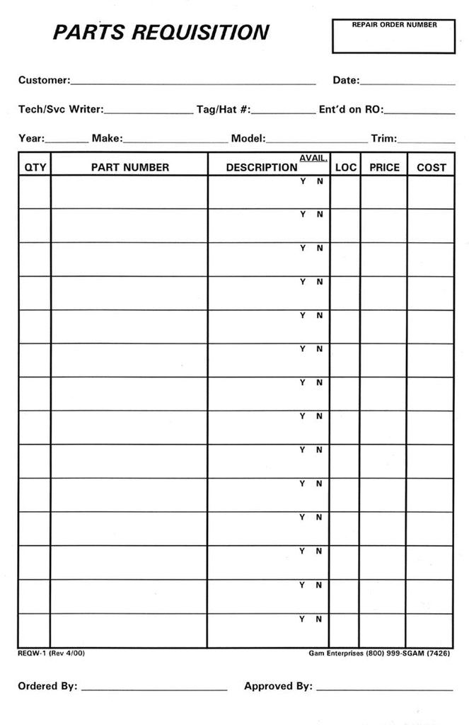 Parts Requisition Form - White | Gam Enterprises