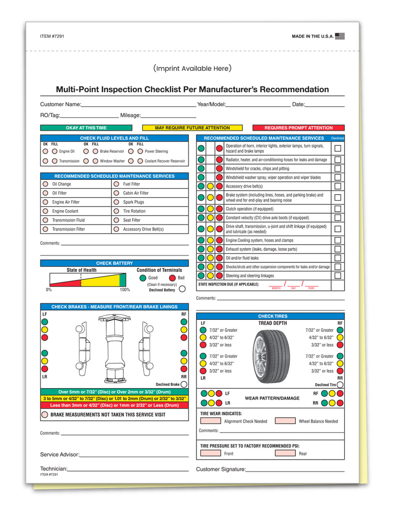 Multi-Point Inspection Forms, 2-Part, Imprinted | Gam Enterprises